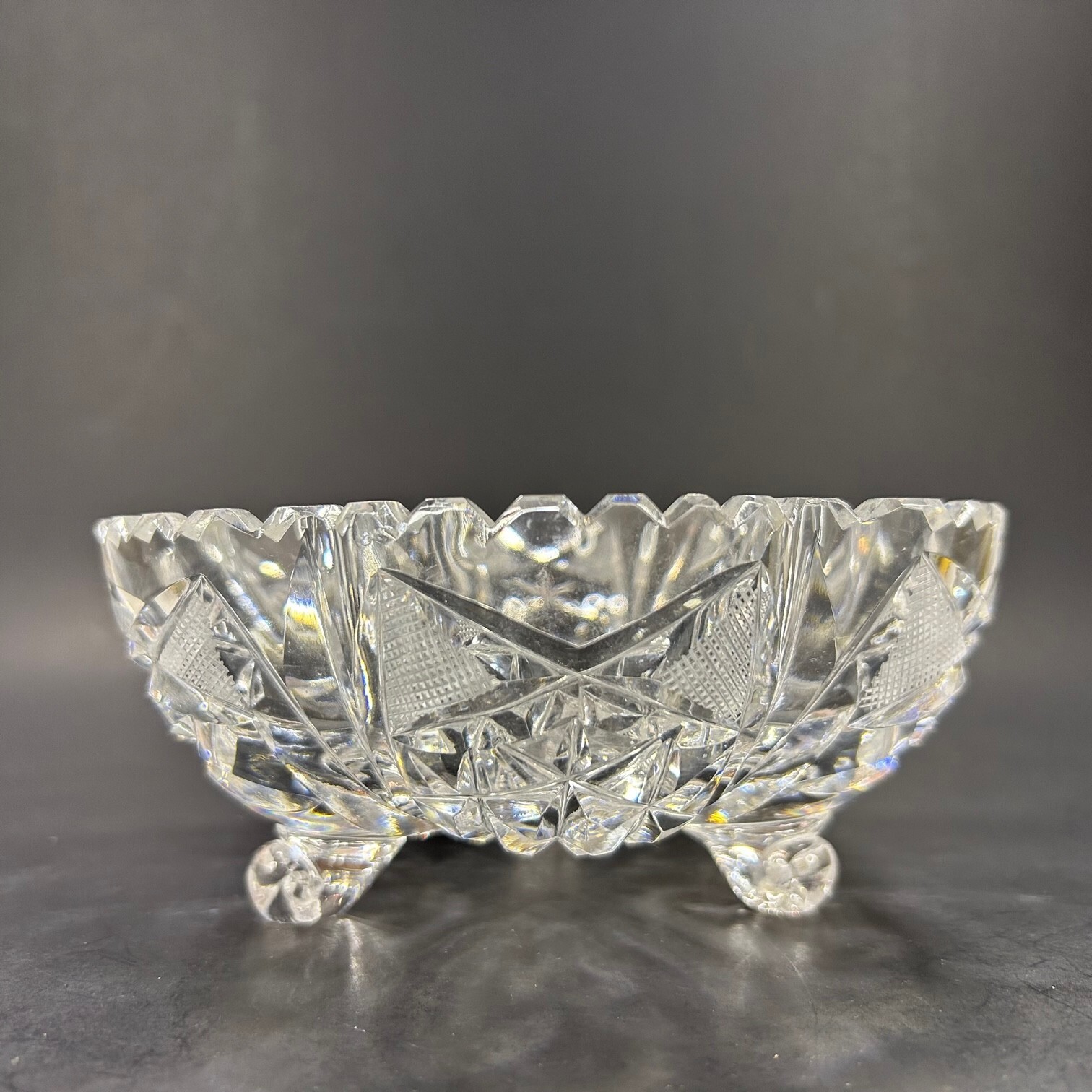 European Cut Crystal Nut Dish with Scalloped Toothed Edge 3 Applied ...