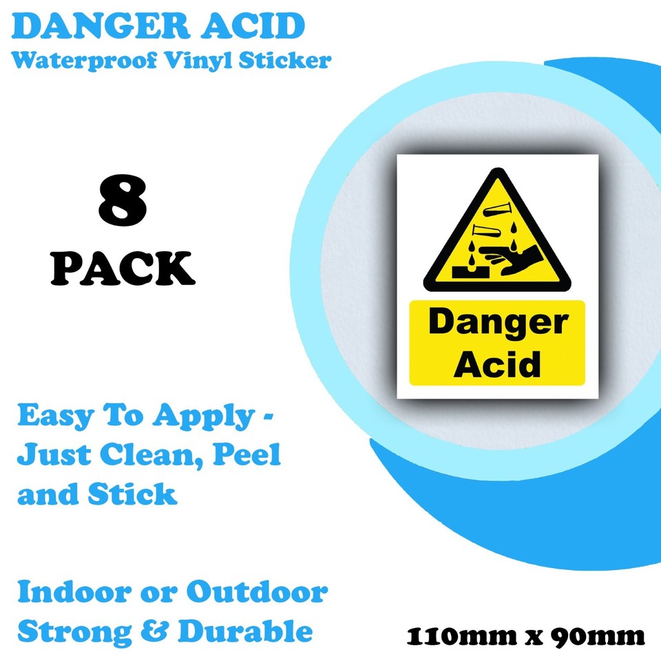 8 Pack - Danger Acid Hazard Labels - Waterproof Vinyl Stickers - 110mm ...