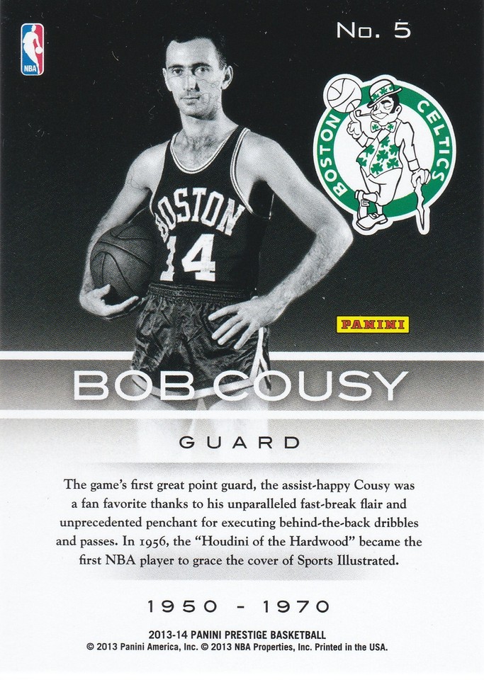 2013-14 Panini Prestige BOB COUSY Prestigious Pioneers card #5 Boston ...