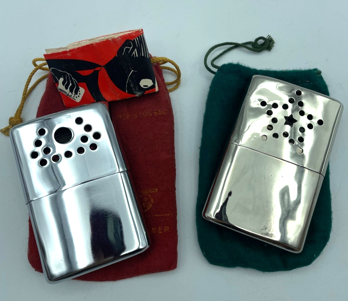 Lot of 2 Vtg pocket hand warmers Silver Metal w/ bag Jon-e & Hong Kong ...