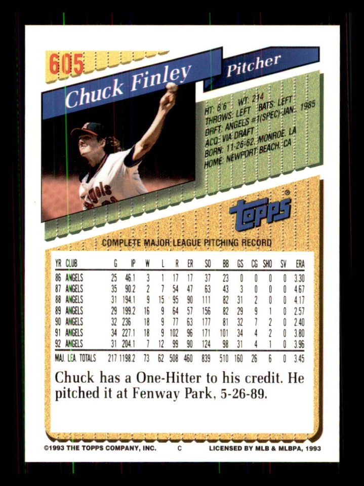 1993 Baseball Topps Chuck Finley California Angels #605 | eBay