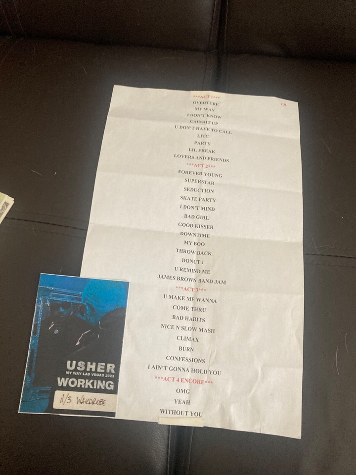 USHER SETLIST AND WORKING BACK STAGE PASS USED STAGE USED YOU NEED THIS ...
