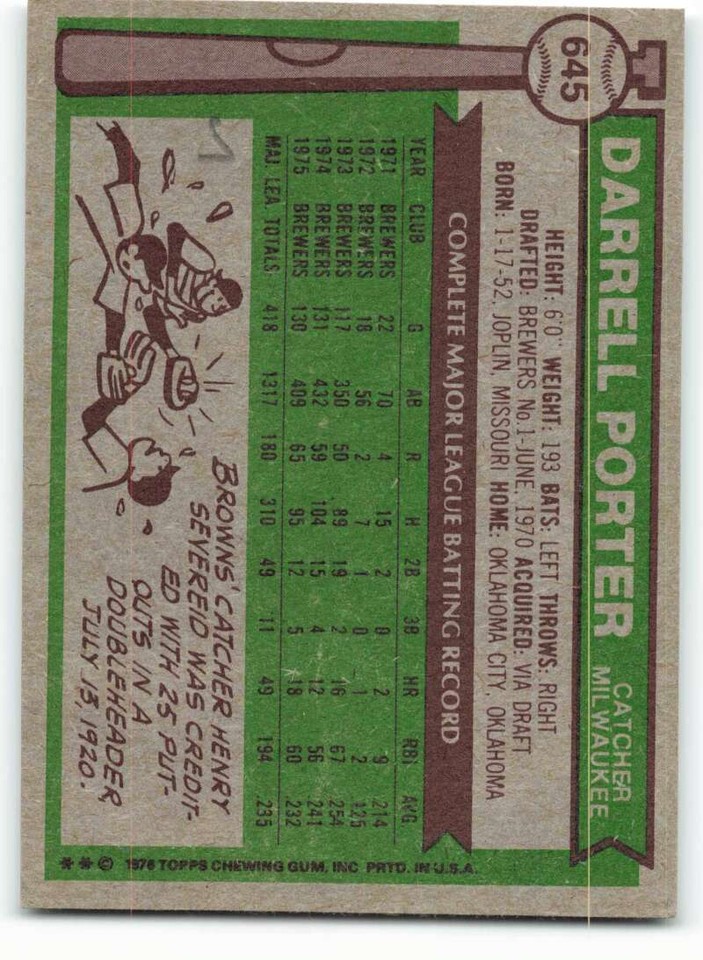 1976 Topps #645 Darrell Porter NM+ Brewers ID:310136 | eBay