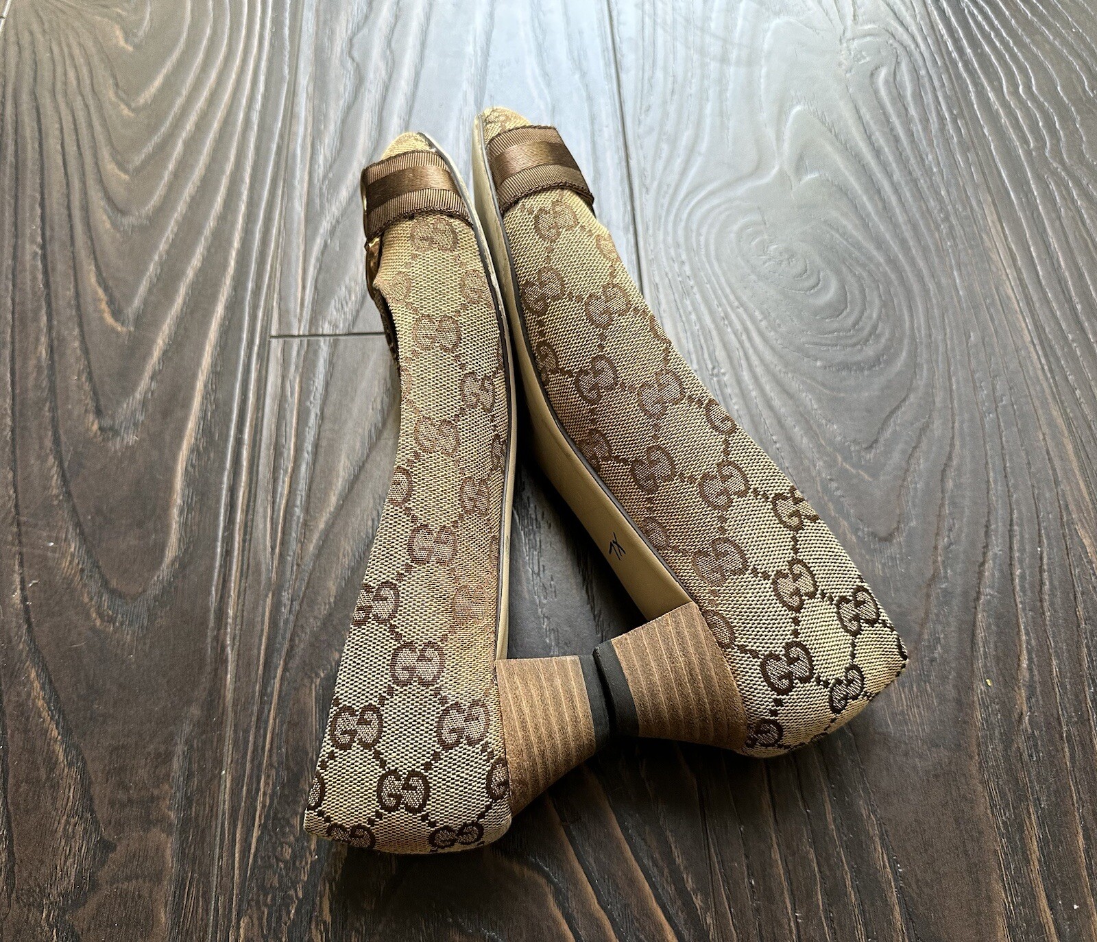 Gucci GG Full Monogram Canvas Heels Metal GG Tan Wood… - Gem