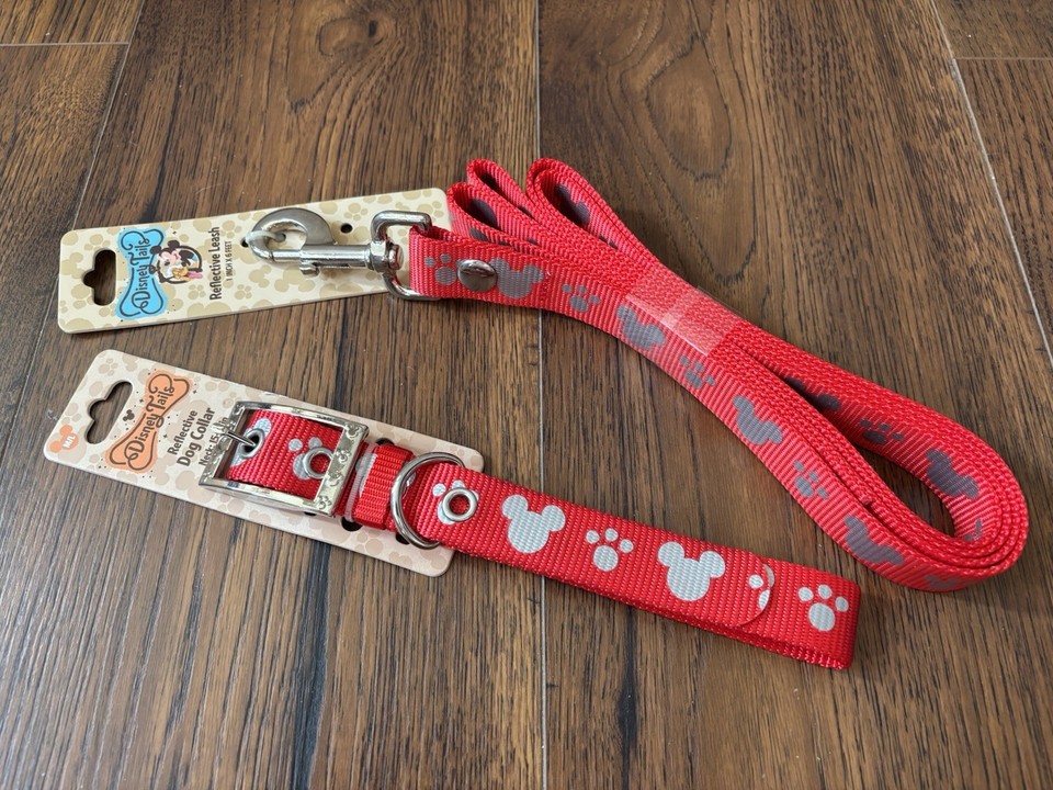 Disney Parks Tails Mickey Icon Red Reflective Dog Collar & Leash Size M ...