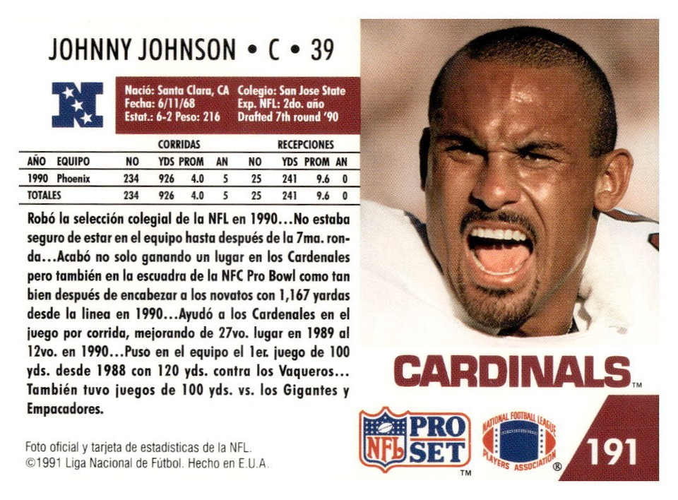 JOHNNY JOHNSON 1991 Pro Set Spanish #191 Phoenix Cardinals | eBay