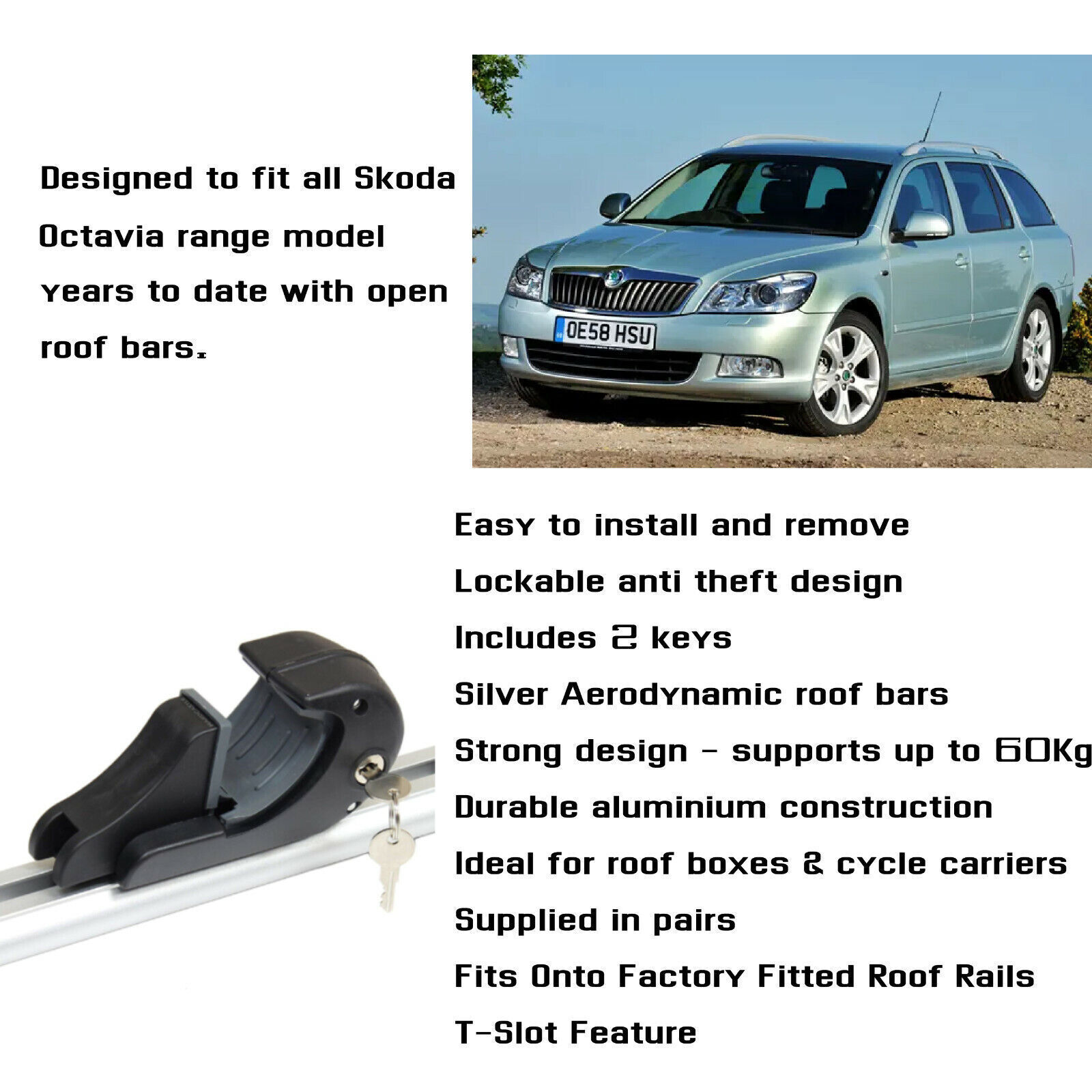 Anti Theft Lockable Aluminium Roof Rack Rail Bars for Skoda Octavia ...