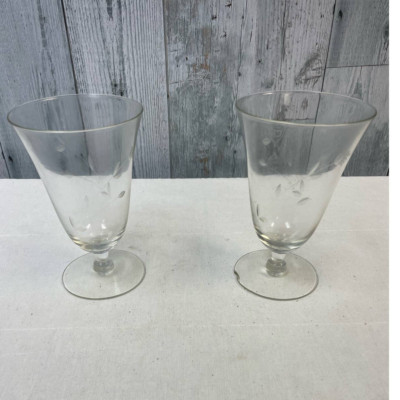 2 Vintage Delicate Glass Flower w Leaves Stemmed Drinking Water Glasses ...