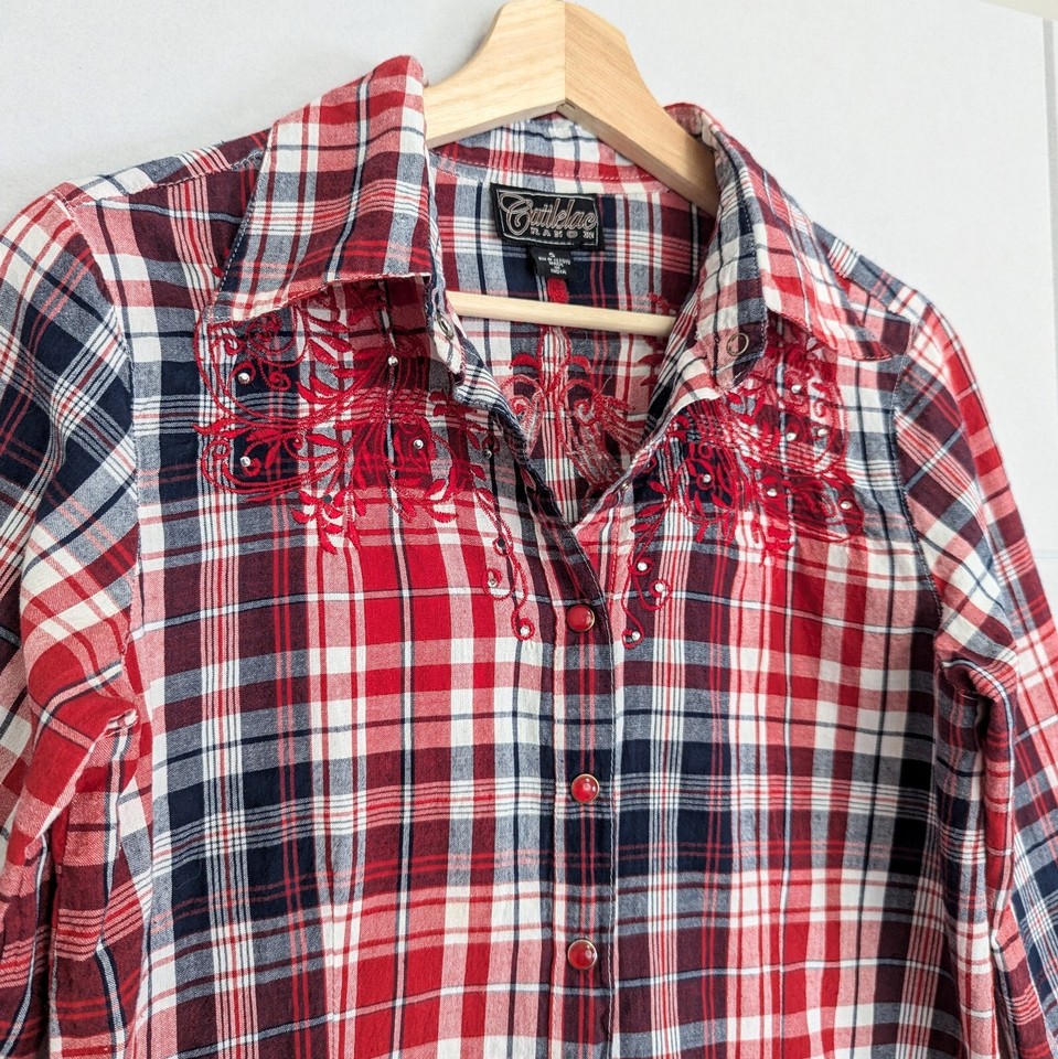 Vintage Y2K Cattlelac Ranch Cotton Plaid Embroidered Rhinestone Western ...