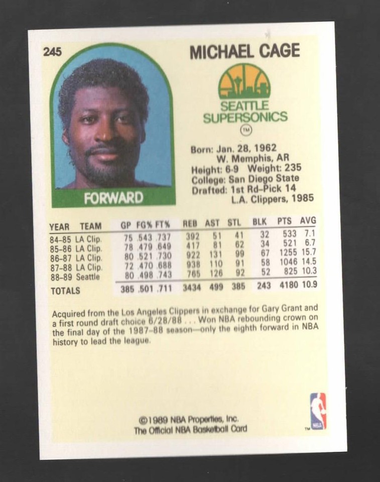 1989-90 Hoops Michael Cage Seattle SuperSonics #245 Near Mint or Better ...