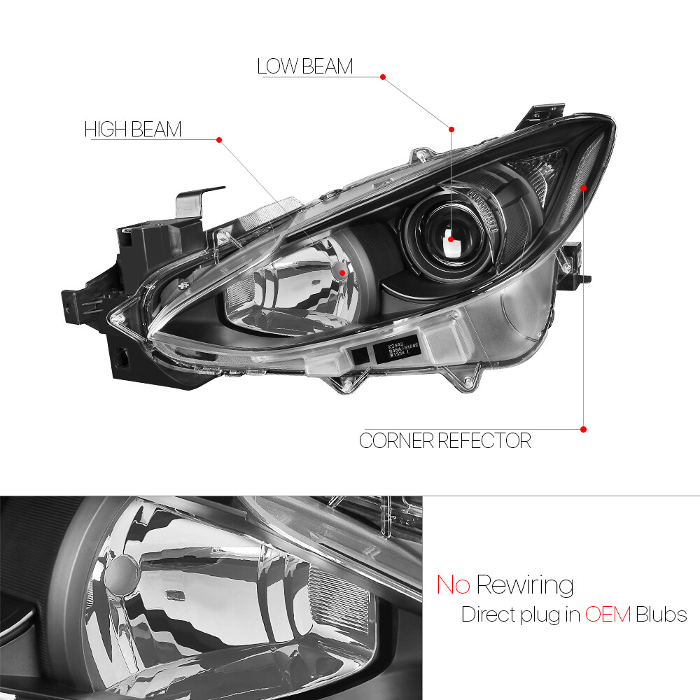 Fits 2014-2017 Mazda 3 Mazda3 [Black/Clear] Crystal Corner Projector ...