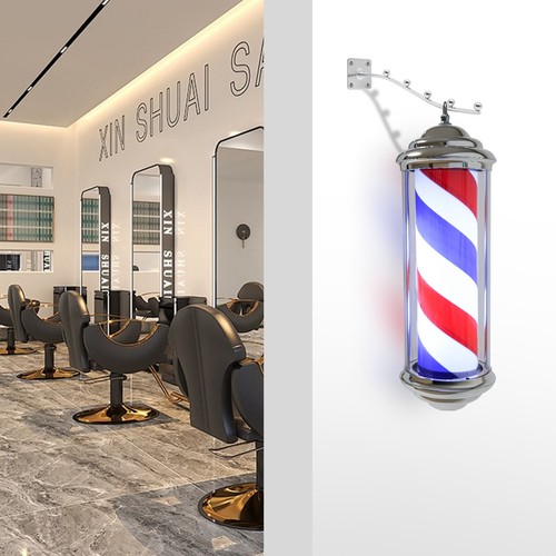 13.7" Barber Pole Light LED Red+White+Blue Stripes Rotating Hair Salon ...