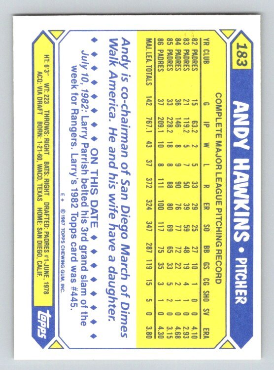 1987 Topps - Tiffany #183 Andy Hawkins for sale online | eBay
