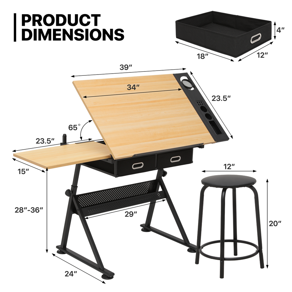 Drafting Drawing Table[STOOL+DRAWER]Adjustable Wood Tabletop Craft Work ...