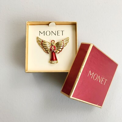 MONET Christmas Angel Brooch Lapel Pin NIB VTG Deadstock Bon Marche Red ...