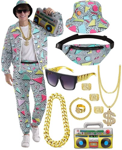 80s 90s Outfit for Men Tracksuit Costume, Hip Hop Hat Fanny Pack Ring ...