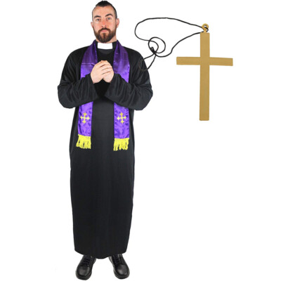 PRIEST COSTUME ADD CROSS VICAR RELIGIOUS FANCY DRESS ROBE SCARF STAG DO ...