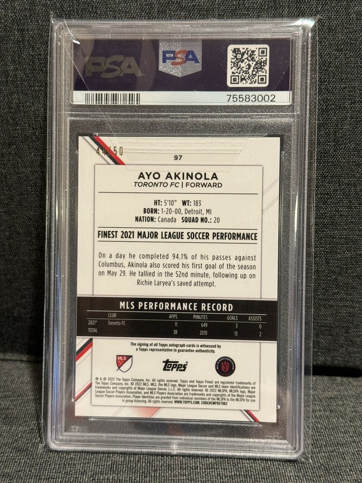 2022 Finest MLS Gold Refractor Auto #97 Ayo Akinola #/50 Toronto FC PSA ...