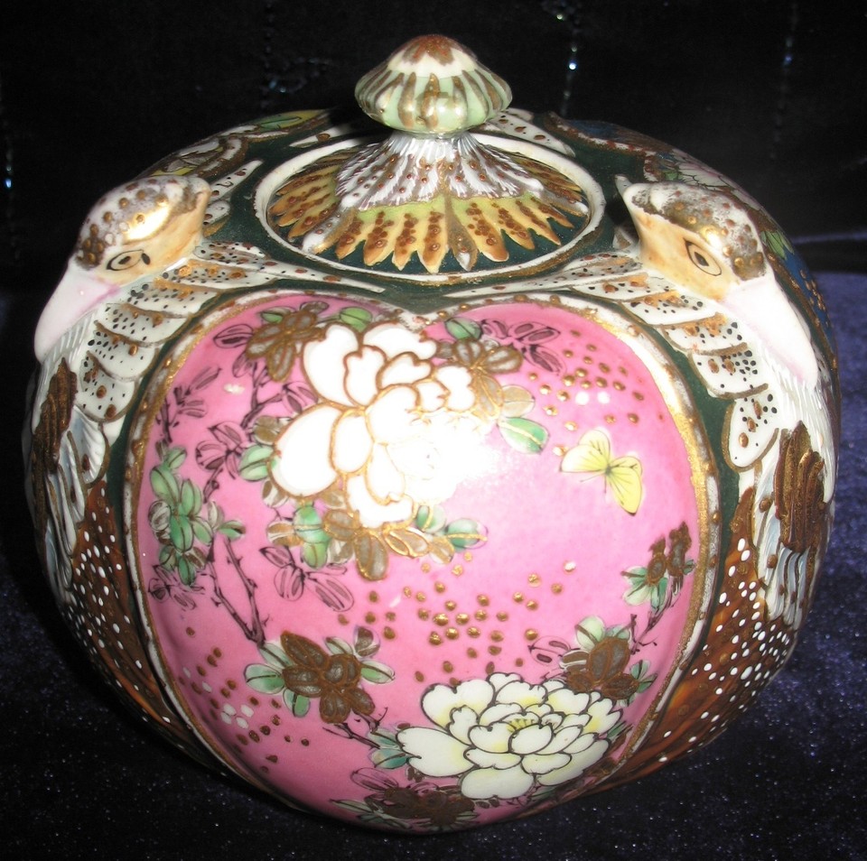 An Ext. RARE Nippon Tea Caddy, Hand Painted, Moriage 1800's 3 Panel ...