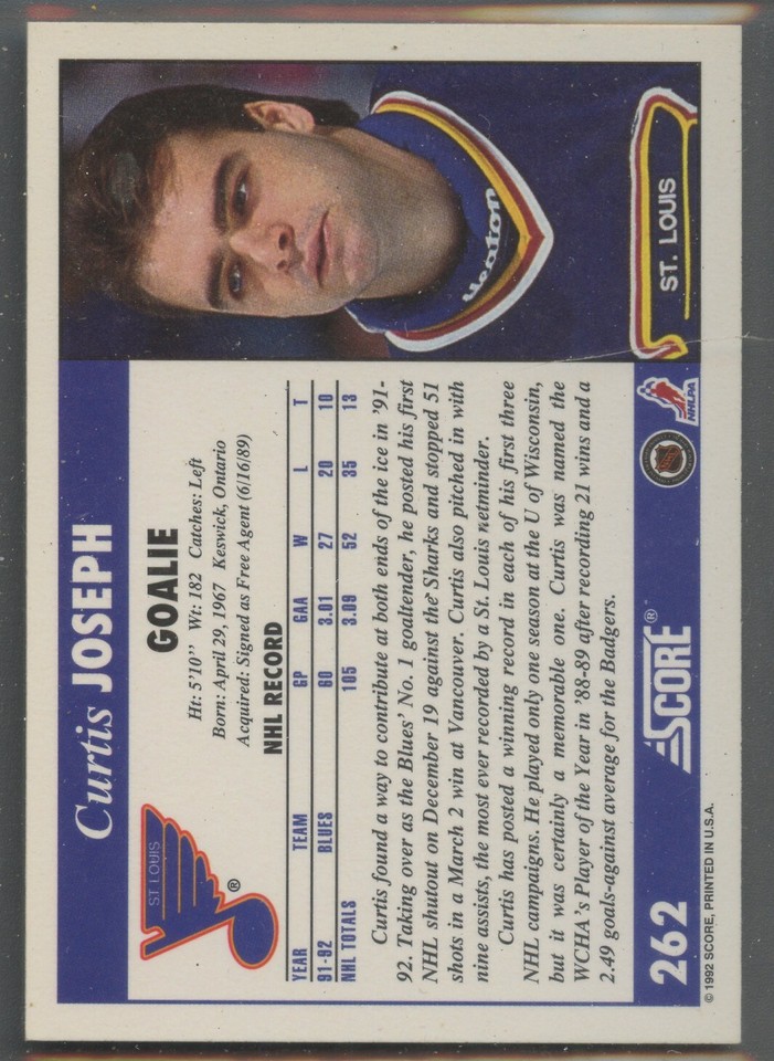 1992-93 Score #262 Curtis Joseph St. Louis Blues | eBay