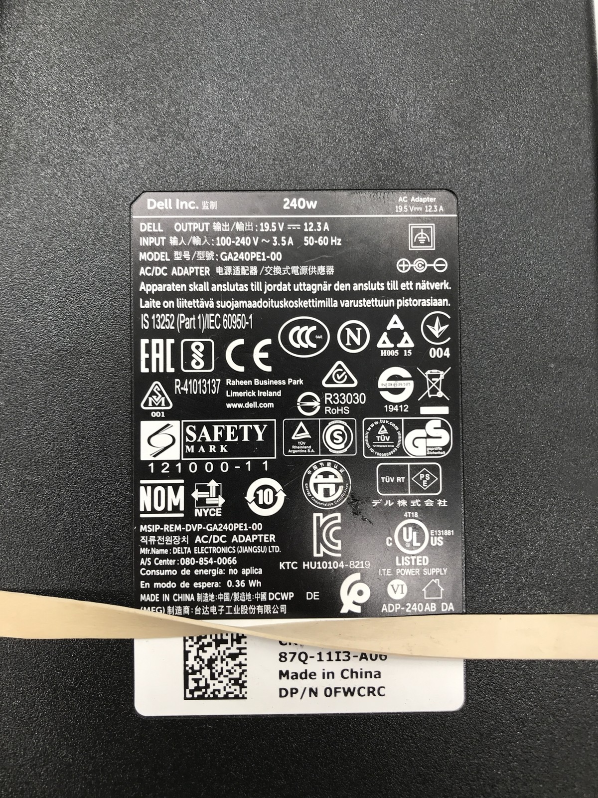 Genuine OEM Dell 240W AC Power Adapter GA240PE1-00 0FWCRC 19.5V 12.3A ...