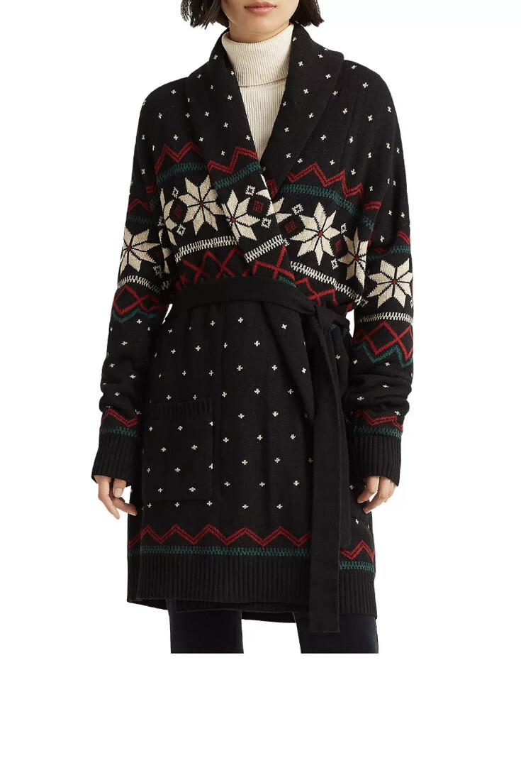 Women's Lauren Ralph Lauren Black Wool Snowflake Cardigan Sweater Coat ...