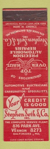 Matchbook Cover - Stephen Seth Auto Repair Baltimore MD WEAR | eBay