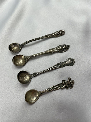 Lot 4 Antique Sterling Salt Spoons Cupid Floral Repousse Chrysanthemum ...