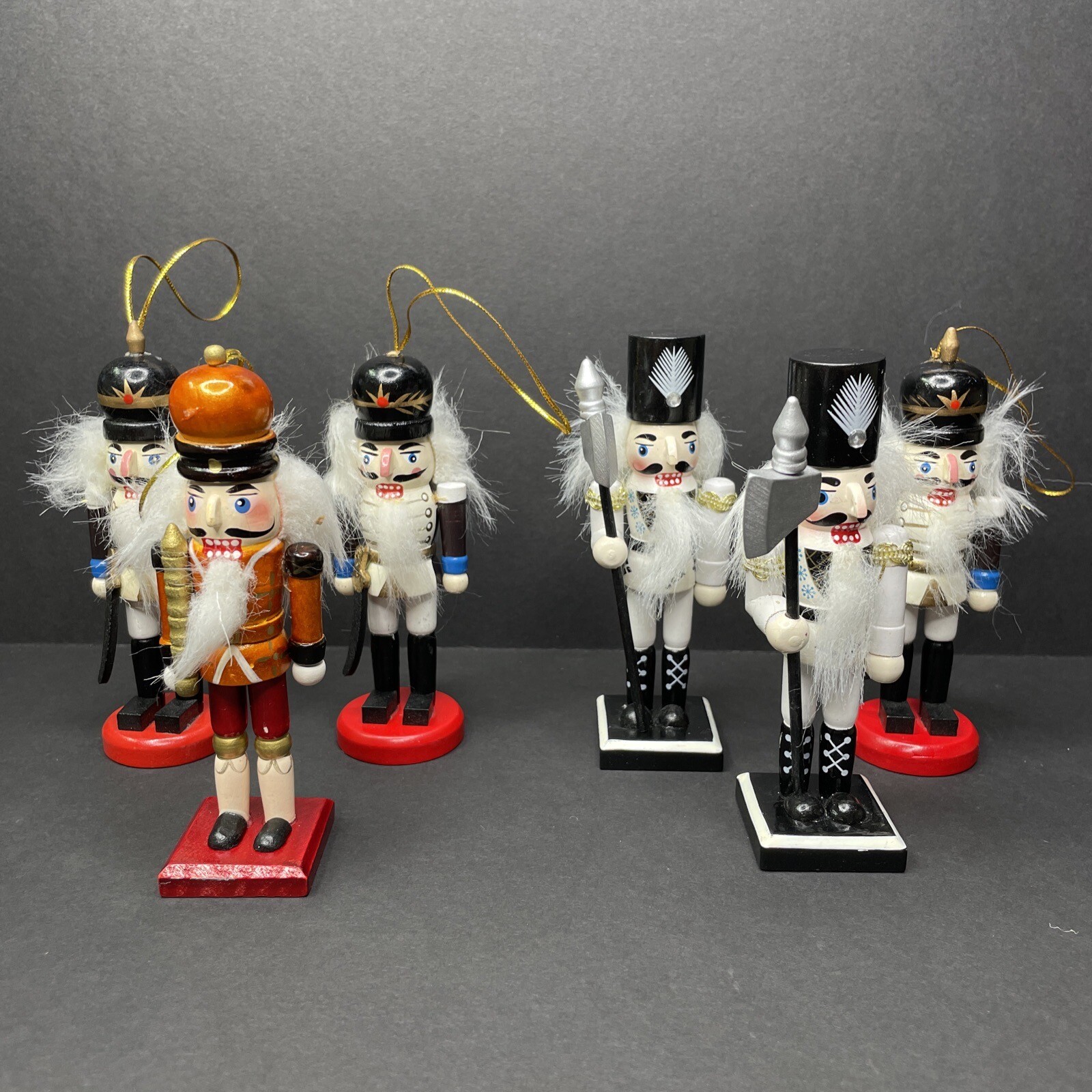 Lot Of 6 Solid Wood Hand Carved Nutcracker Soldier Christmas Ornaments ...