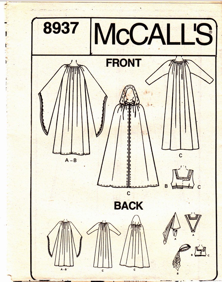 McCalls 8937 Medieval Renaissance Dress Cape Hat Vest Sewing Pattern ...