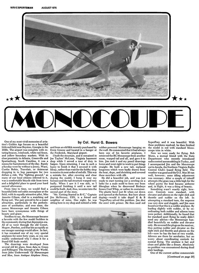Model Airplane Plans (RC): Monocoupe C90 60" Stand-Off Scale .30-.45 ...
