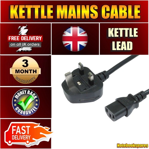 Black Power Cable Kettle Lead Power Cable 3 Pin UK Plug C13 Cord | eBay UK