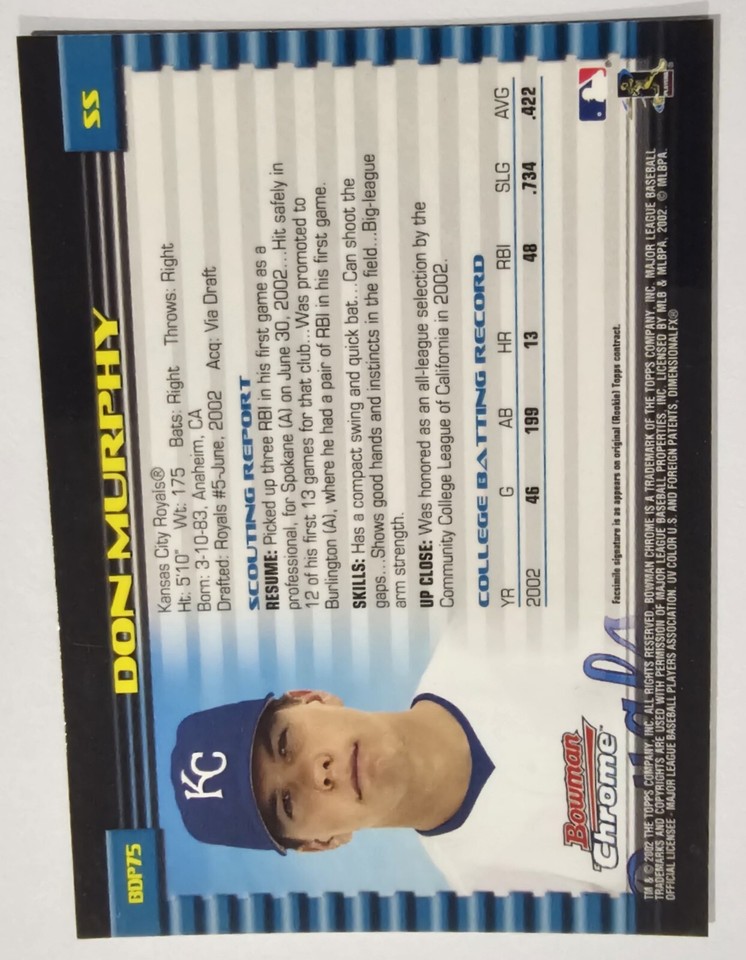 2002 Bowman Draft Picks Chrome Don Donnie Murphy Rookie BDP75 Kansas ...