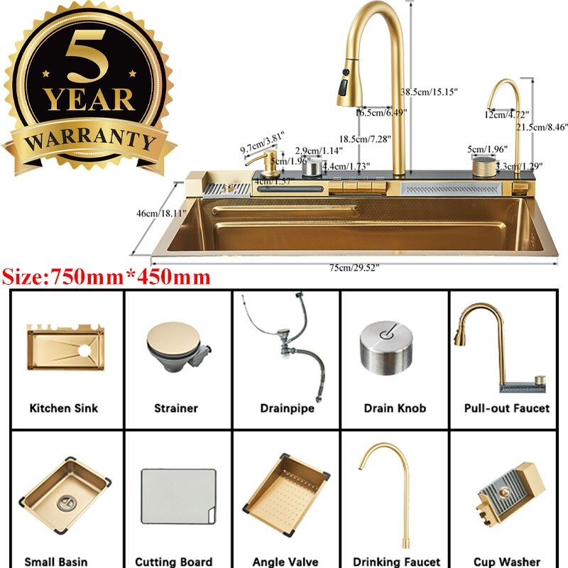 Gold Kitchen Sink Deluxe Flying Rain Waterfall Single Bowl Pull Out ...