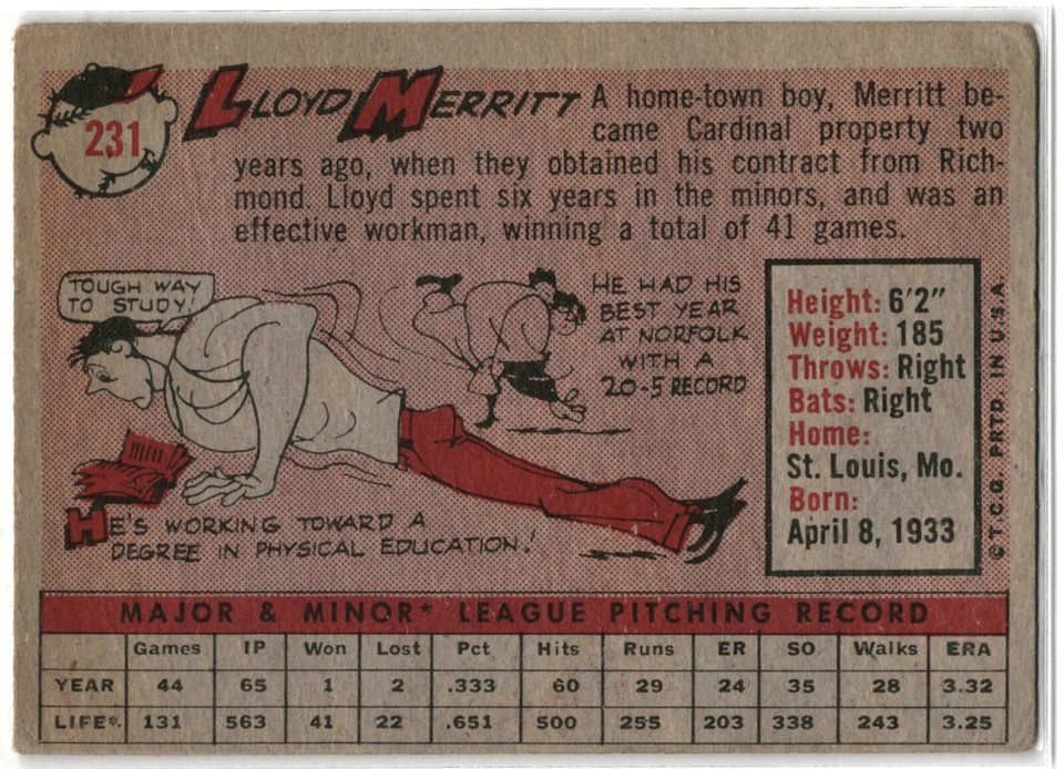 1958 Topps Baseball Lloyd Merritt St. Louis Cardinals #231 | eBay
