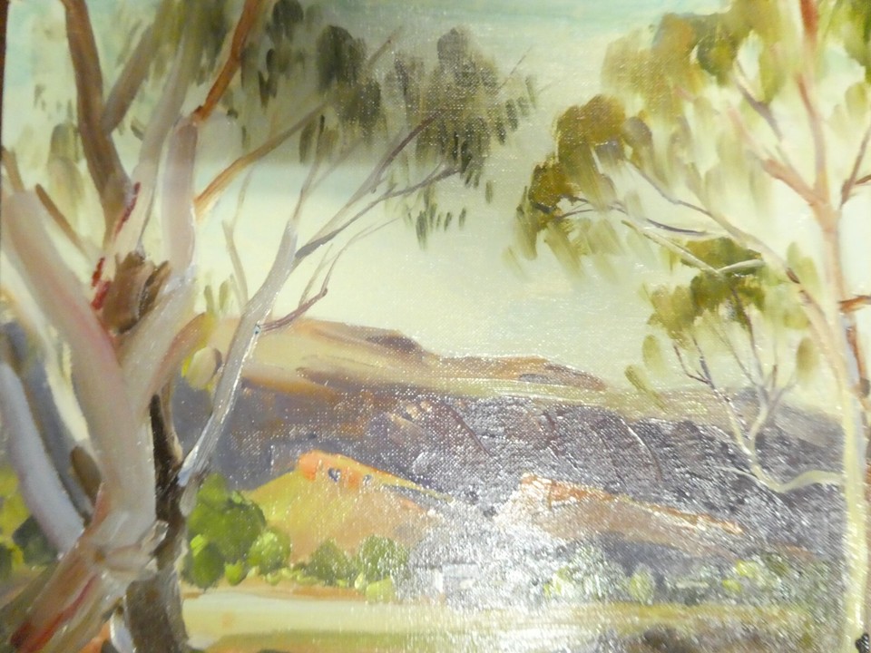 DERMONT HELLIER OIL ON BOARD LANDSCAPE AUSTRALIAN BUSH SCENE GUMTREES ...