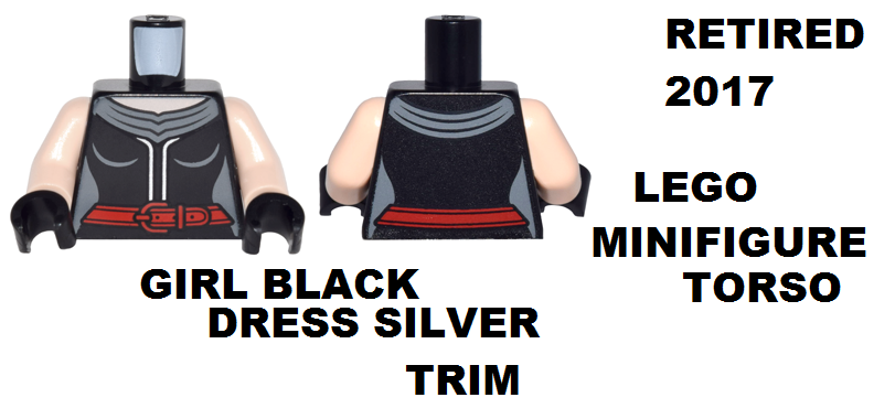 LEGO Minifigure Girl Black Dress GOWN Torso Silver Trim Red Belt Batman ...