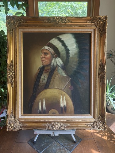 Vintage Indian Native American Oil Painting On Canvas Art Apache Chief ...