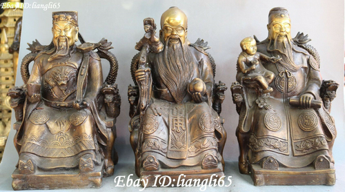 13" Chinese Bronze Gilt 3 Longevity God Fu Lu Shou Ruyi Dragon God Set ...