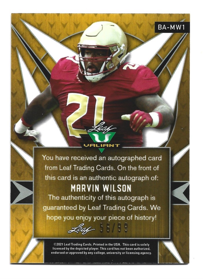 Marvin Wilson AUTOGRAPH /99 RC Florida State Seminoles 2021 Leaf ...