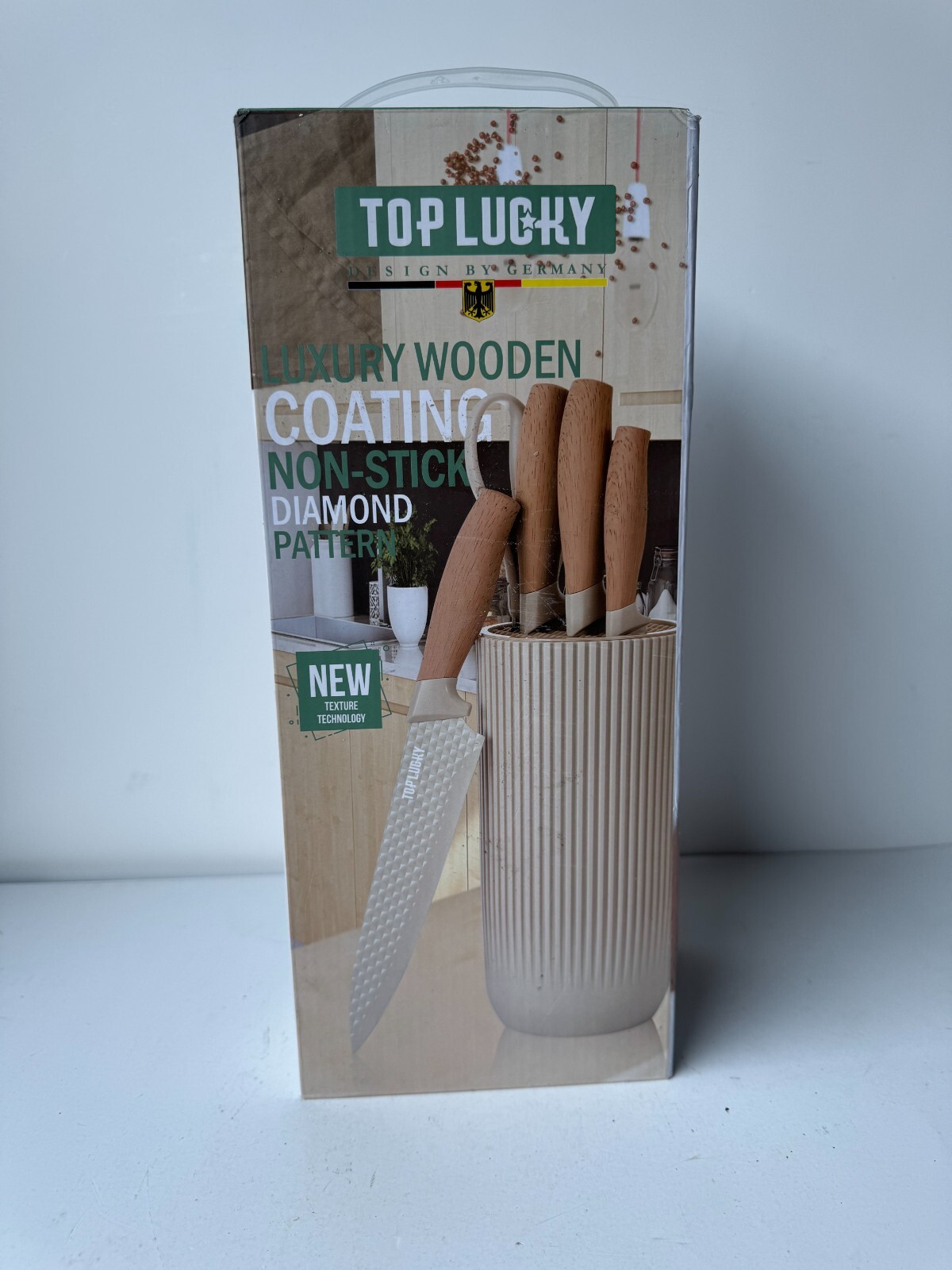 Top Lucky 6-Piece Knife Set Wood Grain Handle Non-Stick Diamond Pattern ...