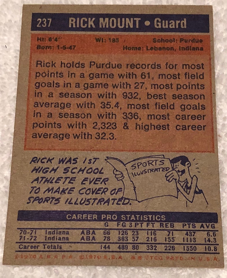 1972 Topps Basketball #237 Rick Mount Indiana Colonels Guard | eBay