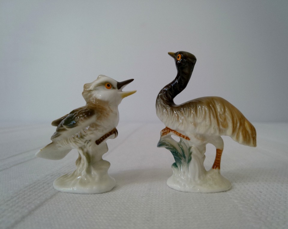 Vintage 2.3" miniature porcelain figurine KOOKABURRA & EMU BIRDS bone ...