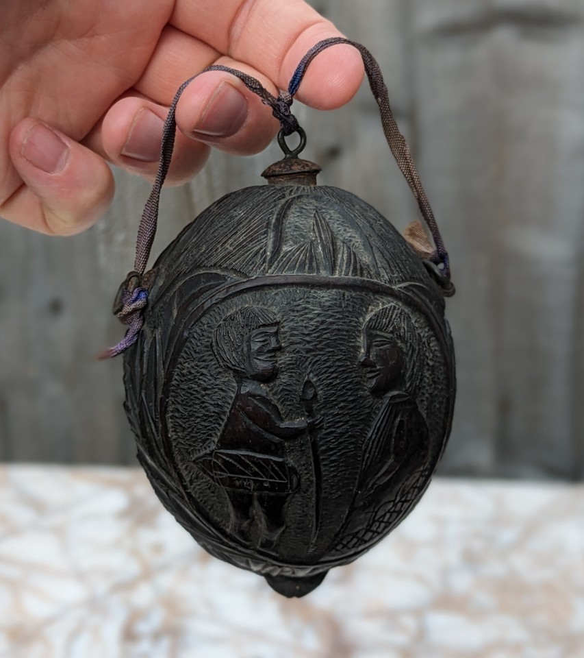 Antique Bugbear Cocunut powder Flask Colonial Spanish tribal Scene Inca ...