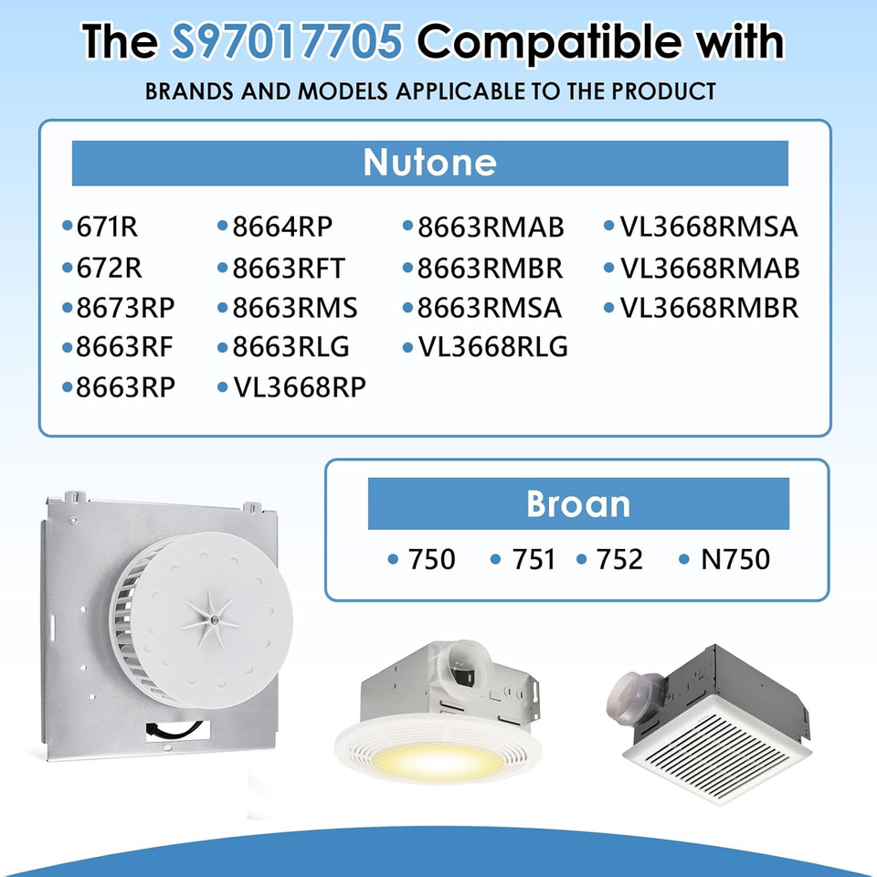 97017705 S97017705 Fan Motor Assembly, for Nutone 8663RP 8664RP 671R ...
