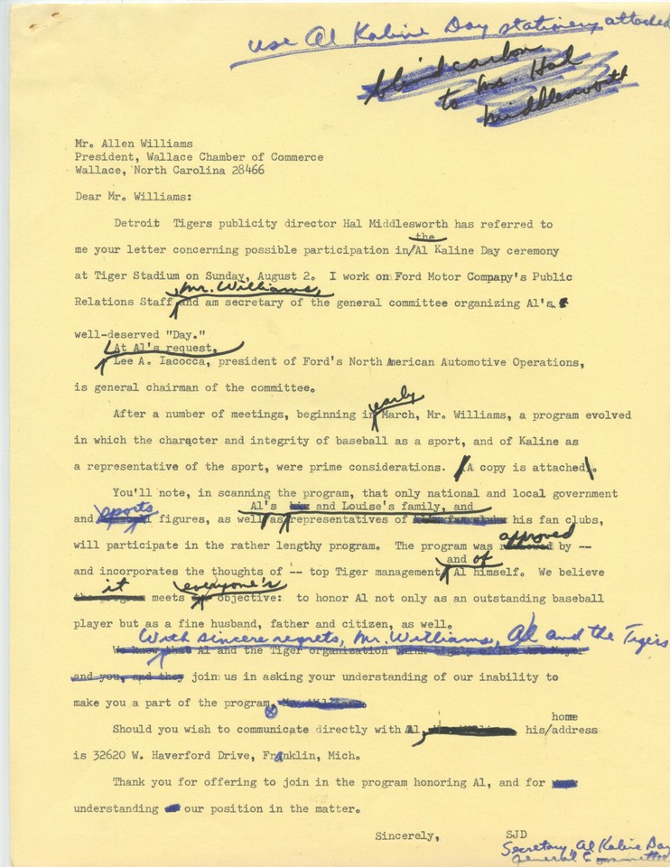 1970 "AL KALINE DAY" DETROIT TIGERS CORRESPONDENCE (HAL MIDDLESWORTH, 5 ...