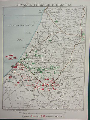 1918 WW1 MAP EGYPTIAN EXPEDITIONARY FORCE ADVANCE THROUGH PHILISTIA 6pm ...