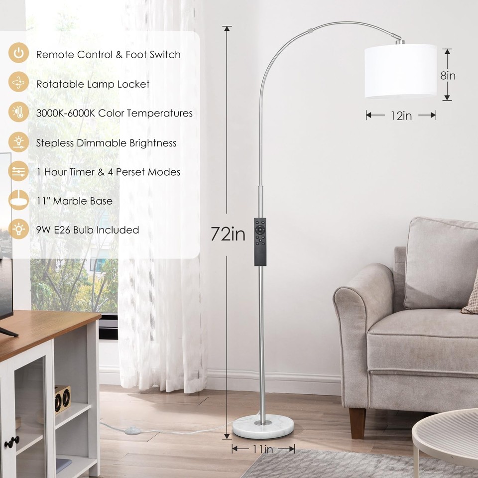 Qingmiao Arc Floor Lamp with Remote, Modern Standing for Living Silver ...