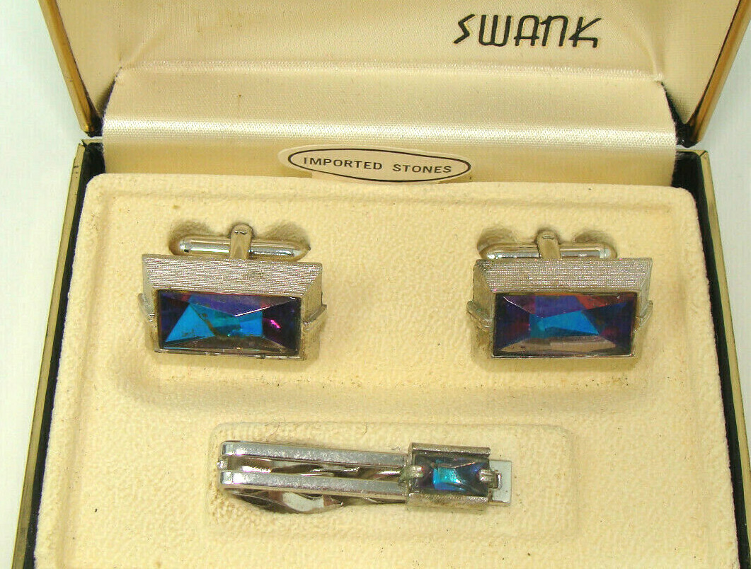 1950s Men's Swank Cufflinks Tie Clasp Rectangle Silve… - Gem