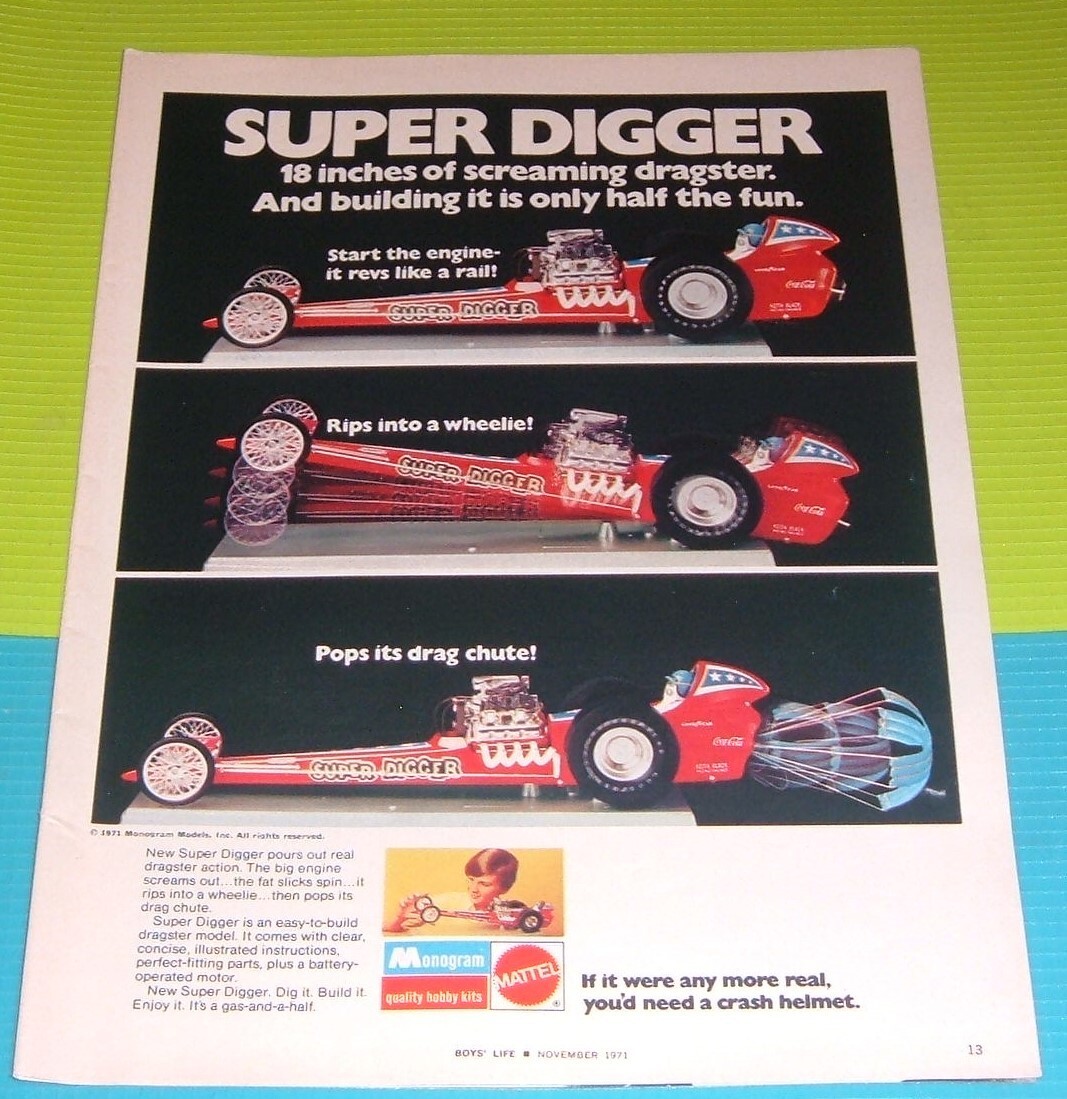 1971 PRINT AD ~ MATTEL SUPER DIGGER DRAGSTER TOY CAR POPS ITS DRAG ...